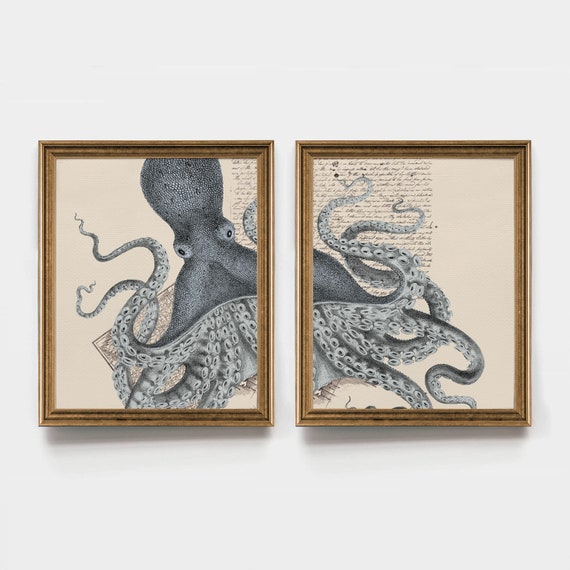 Octopus Art Two Set Wall Art Collage Ocean Art Ocean - Etsy