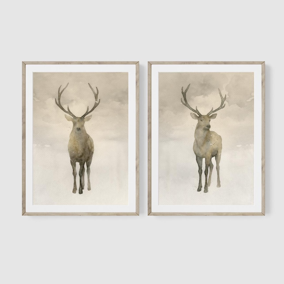 Deer Prints, Set of 2, Neutral Watercolor Elk, Rustic Cabin Decor ...