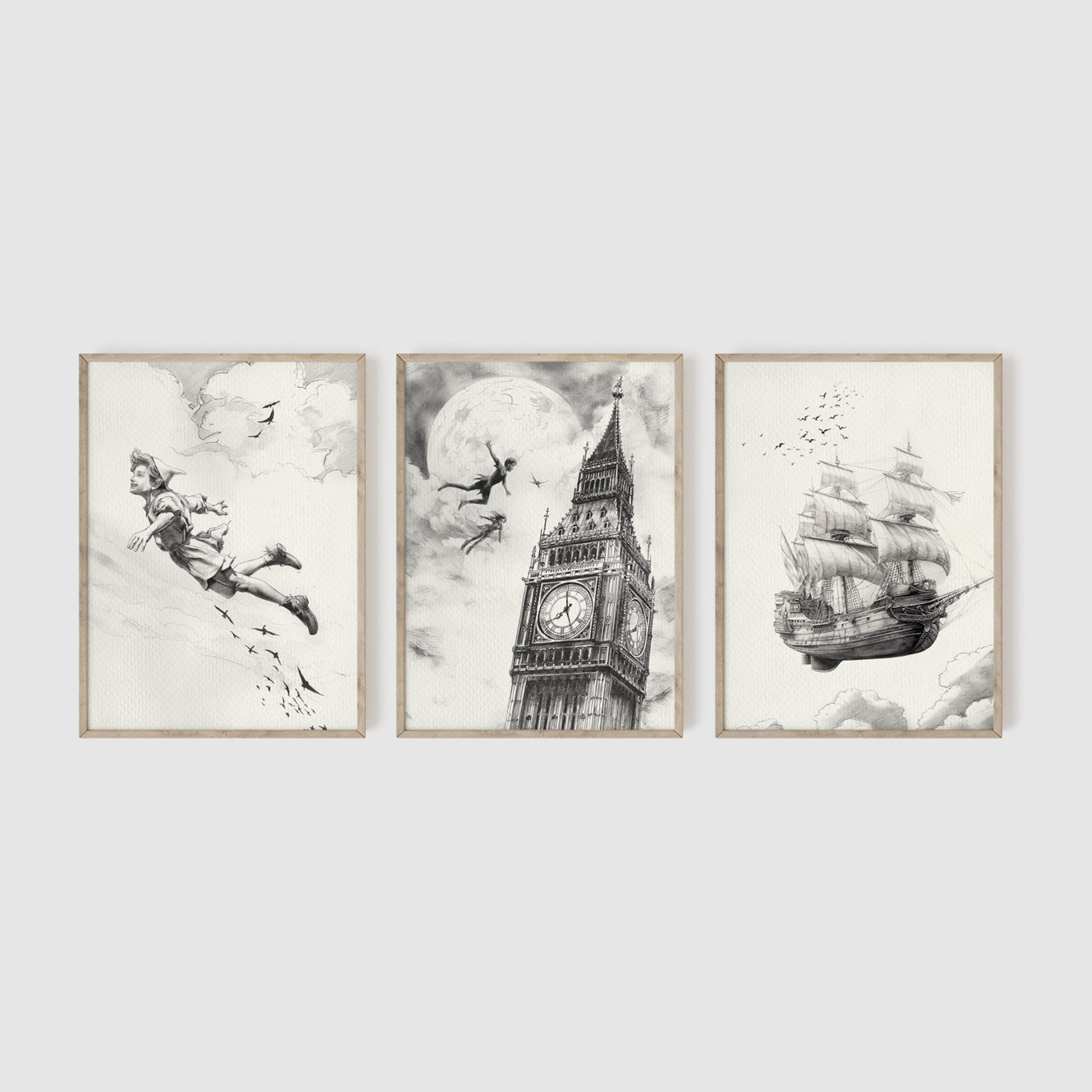 Peter Pan Nursery Sketch, Set of 3, Classic Peter Pan and Wendy Art ...