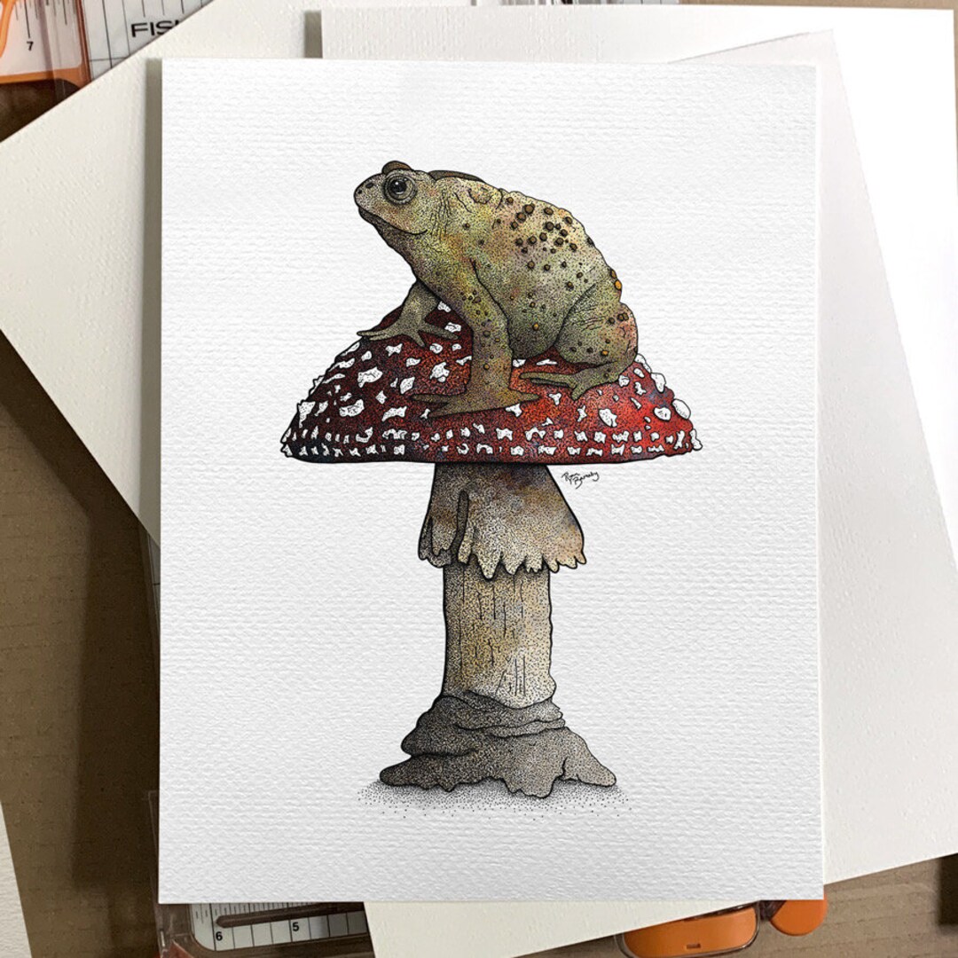Art Print Toad on Mushroom, Stippling, Mushroom Art, Toad Art, Nature ...