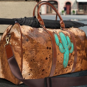 Western Travel Bag | Southwestern Cactus Duffel Bag | Leather Shoulder ...