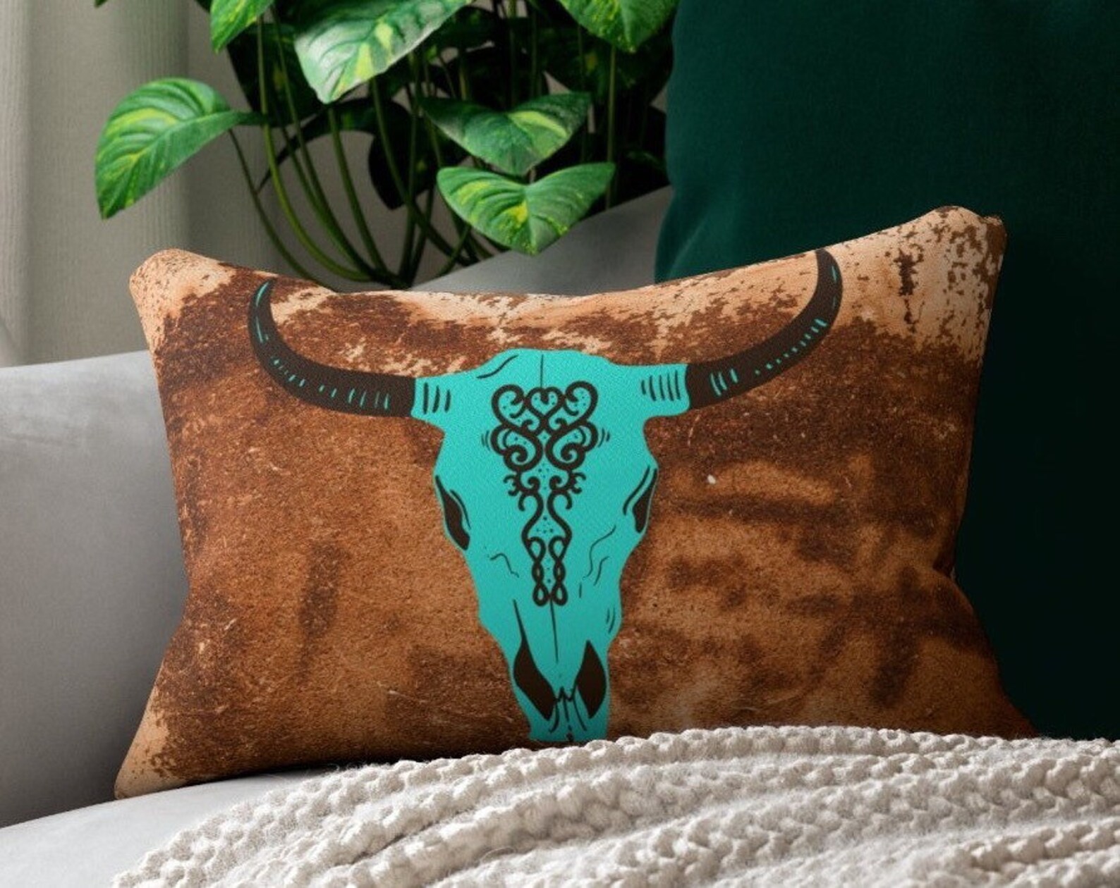 Western Turquoise Longhorn Throw Pillow | Cowboy Western Pillow ...