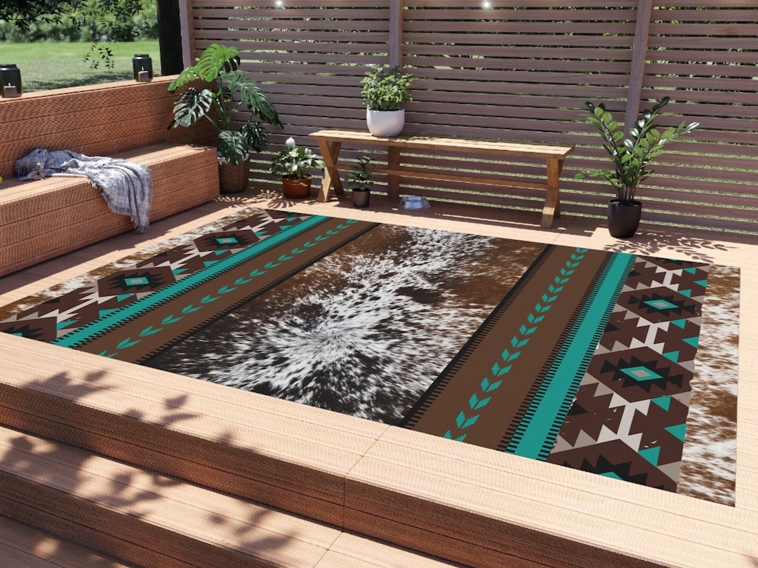 Western Cowhide Print Outdoor Rug | Southwestern Faux Cowhide Area Rug ...