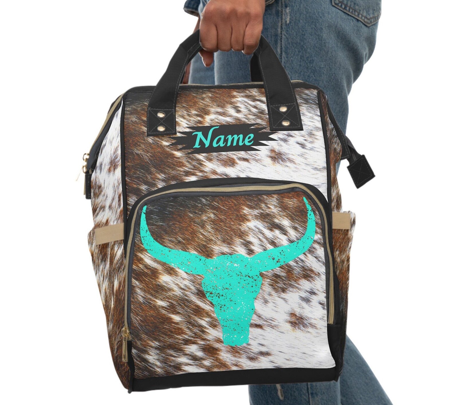 Personalized Cowhide Print Diaper Backpack | Custom Cow Print Baby Bag ...