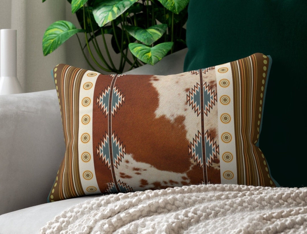 Western Faux Cowhide Print Lumbar Throw Pillow, Southwestern Accent ...