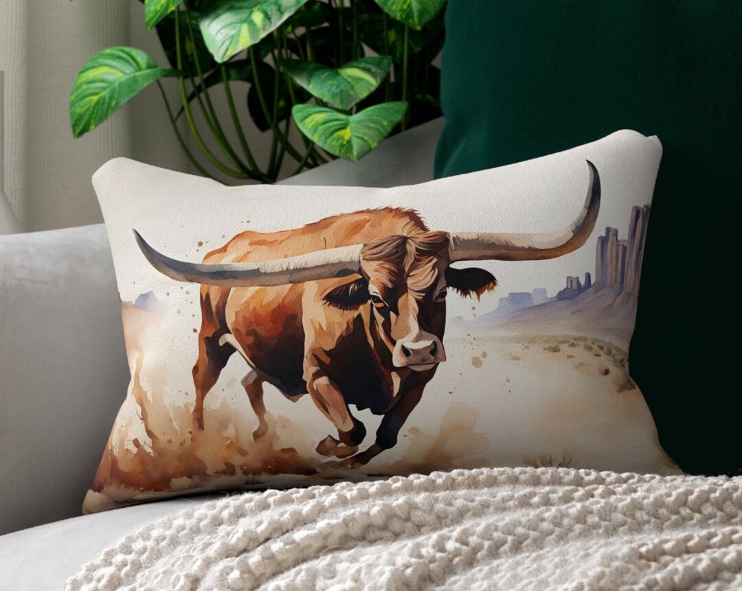 Western Longhorn Bull Lumbar Throw Pillow, Southwestern Cow Accent ...