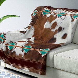 Cowhide Print Western Sherpa Fleece Blanket | Faux Cow Hide Throw ...