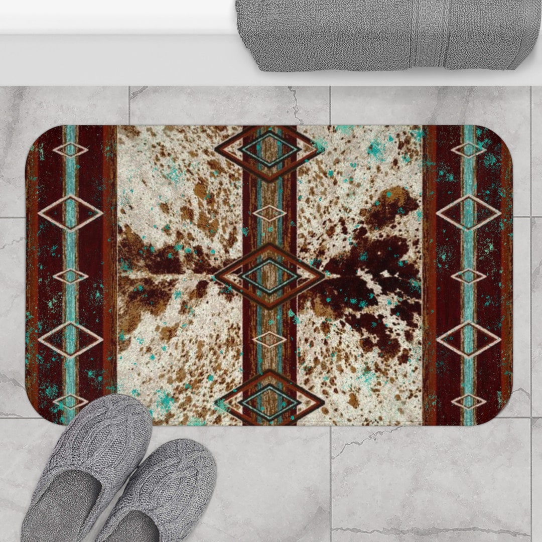 Cowhide Print Western Bath Mat | Cow Print Southwestern Bath Rug | Boho ...