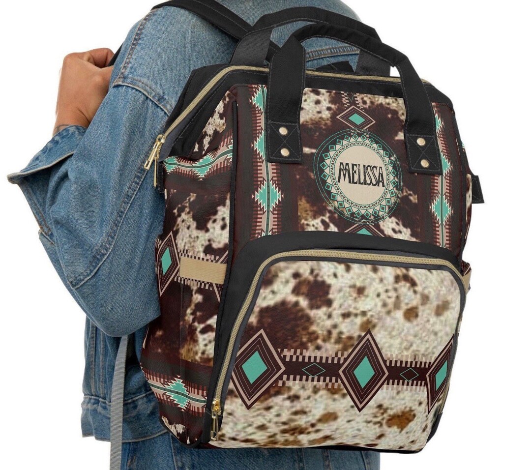Personalized Western Diaper Backpack, Boho Southwestern Cow Print ...