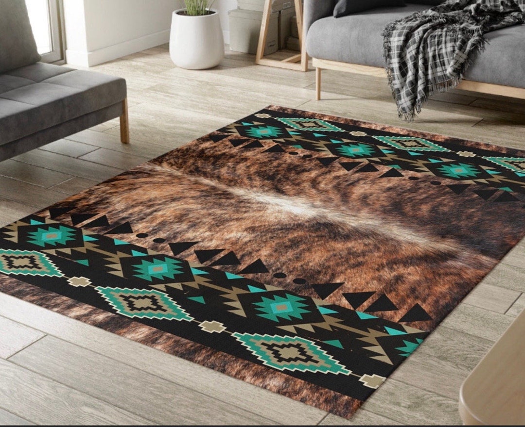 Western Cowhide Print Dornier Area Rug , Southwestern Accent Rug , Boho ...