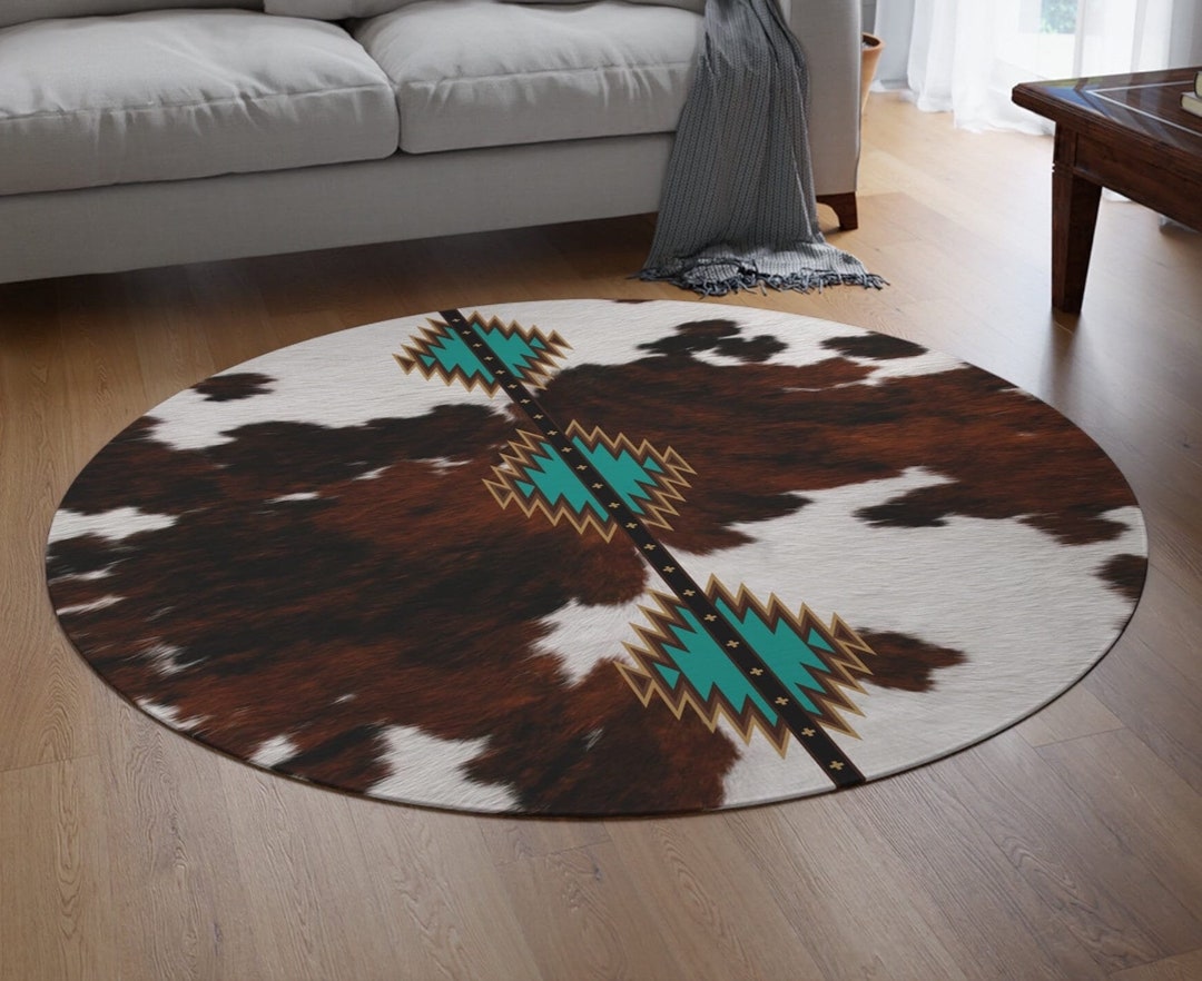 Western Cowhide Print Round Rug, Southwestern Boho Circle Rug, Tribal ...