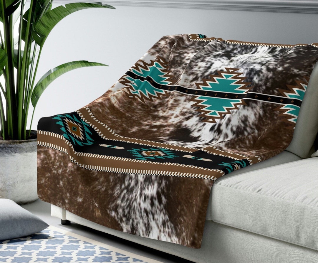 Cowhide Print Western Sherpa Fleece Blanket , Southwestern Boho Throw ...