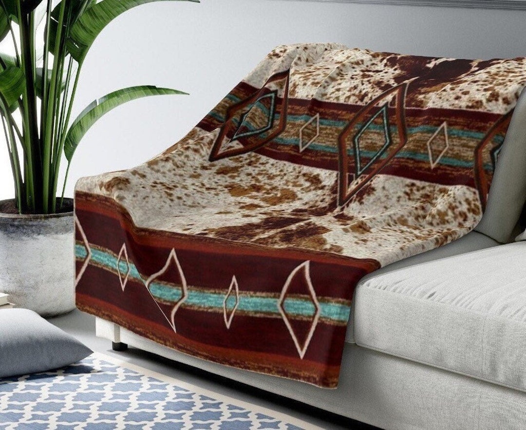 Western Cowhide Print Sherpa Fleece Blanket | Boho Southwestern Throw ...