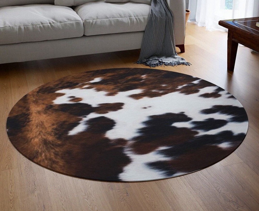 Cowhide Print Western Round Rug- Faux Cowhide Accent Rug, Printed Cow ...