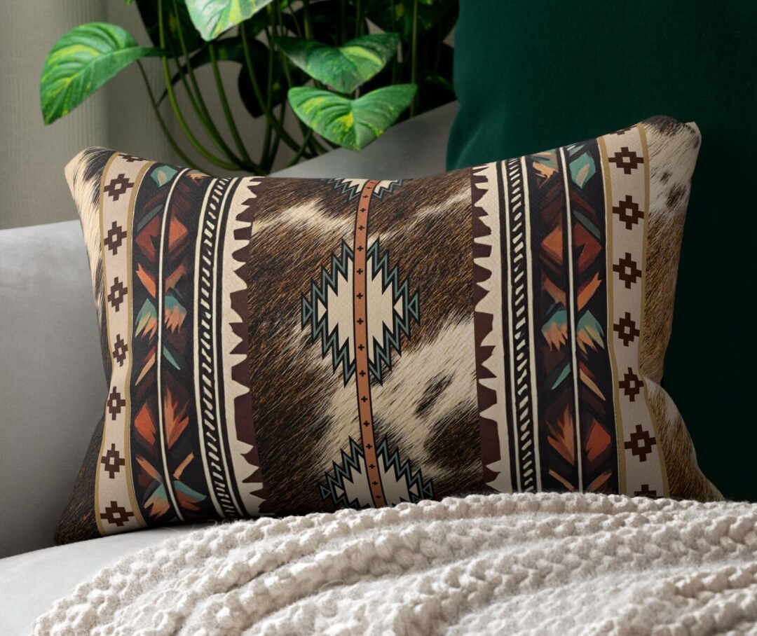 Western Cowhide Print Lumbar Throw Pillow, Southwestern Boho Accent ...