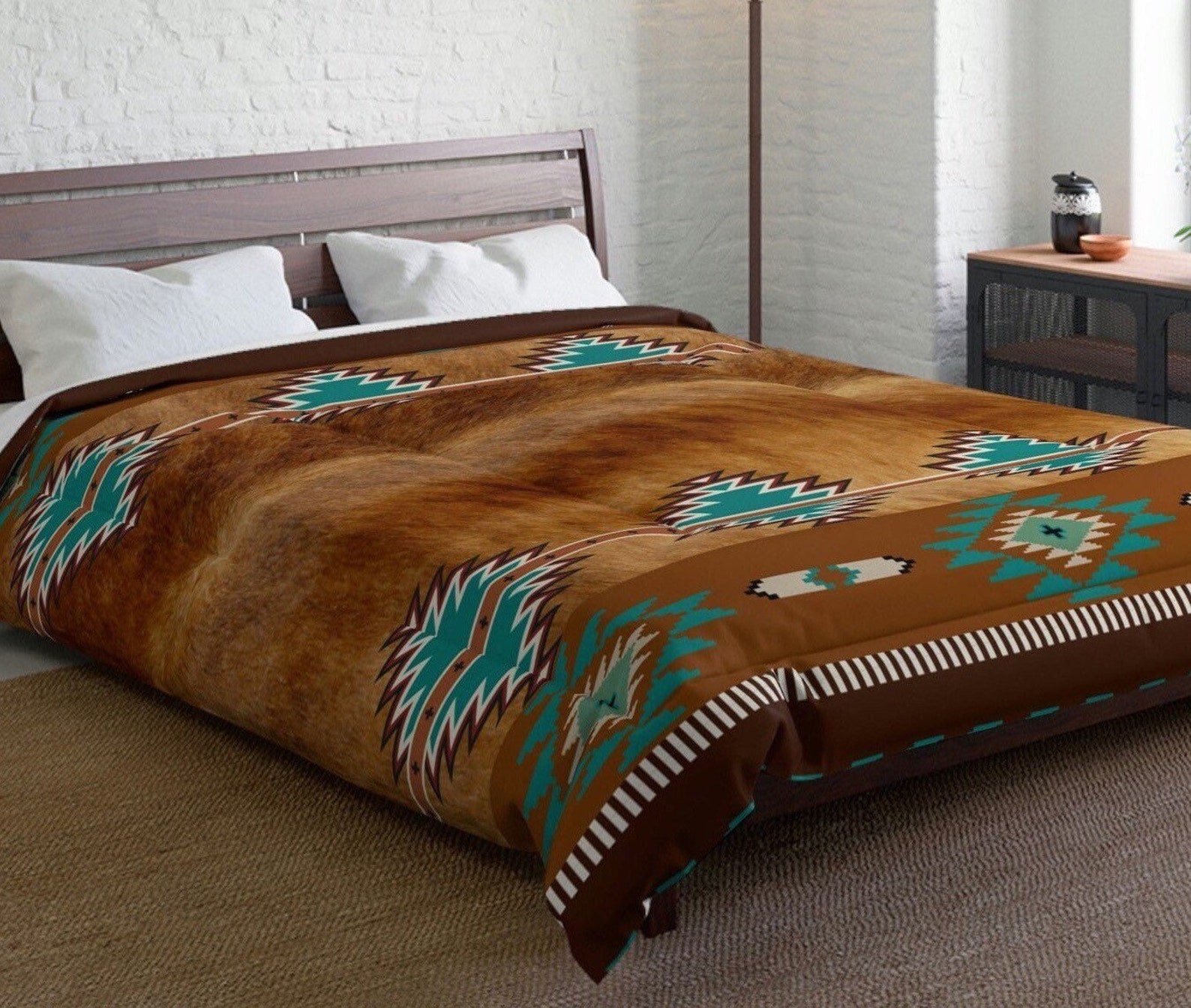 Western Cowhide Print Comforter Southwestern Bedspread Navajo Tribal ...