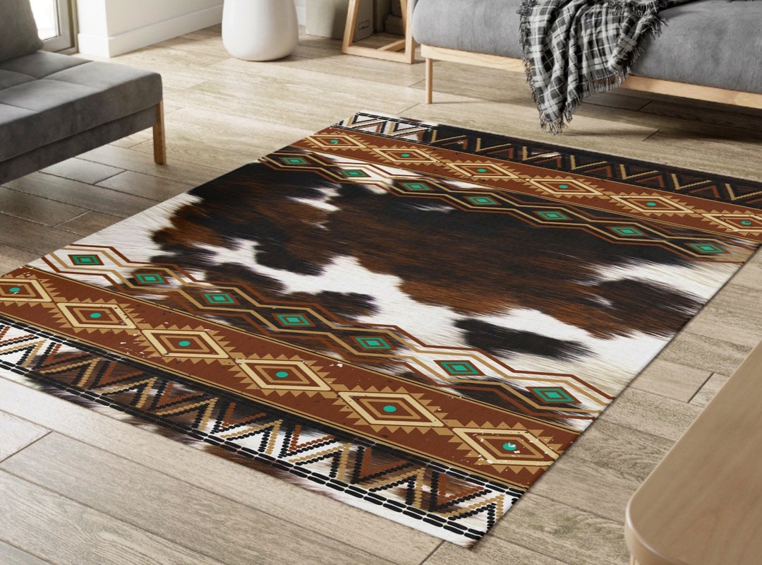 Western Cowhide Printed Area Rug | Southwestern Accent Rug | Tribal ...