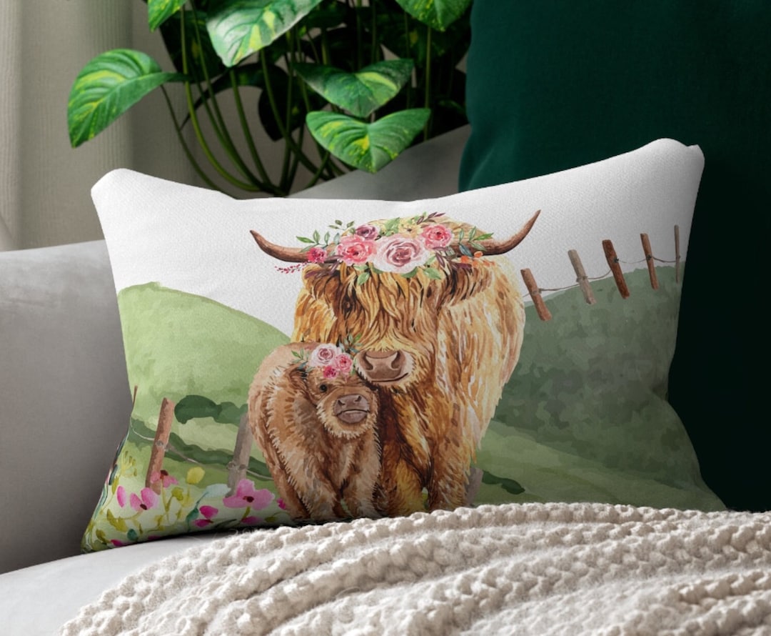 Farmhouse Highland Cow Lumbar Throw Pillow, Western Accent Pillow, Farm ...