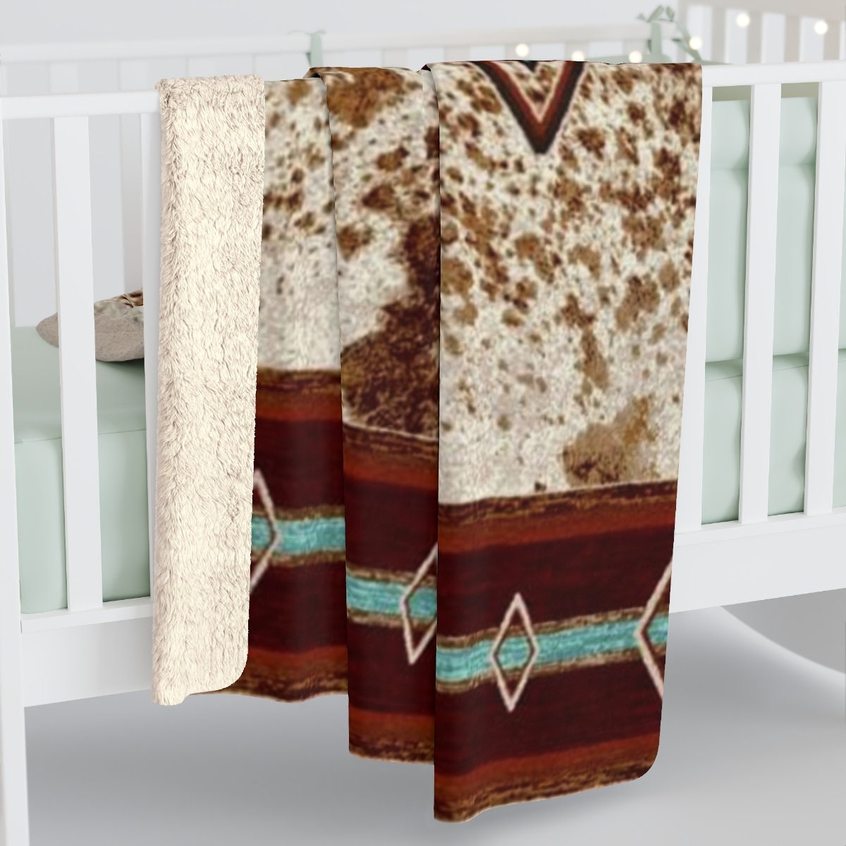 Western Cowhide Print Sherpa Fleece Blanket | Boho Southwestern Throw ...