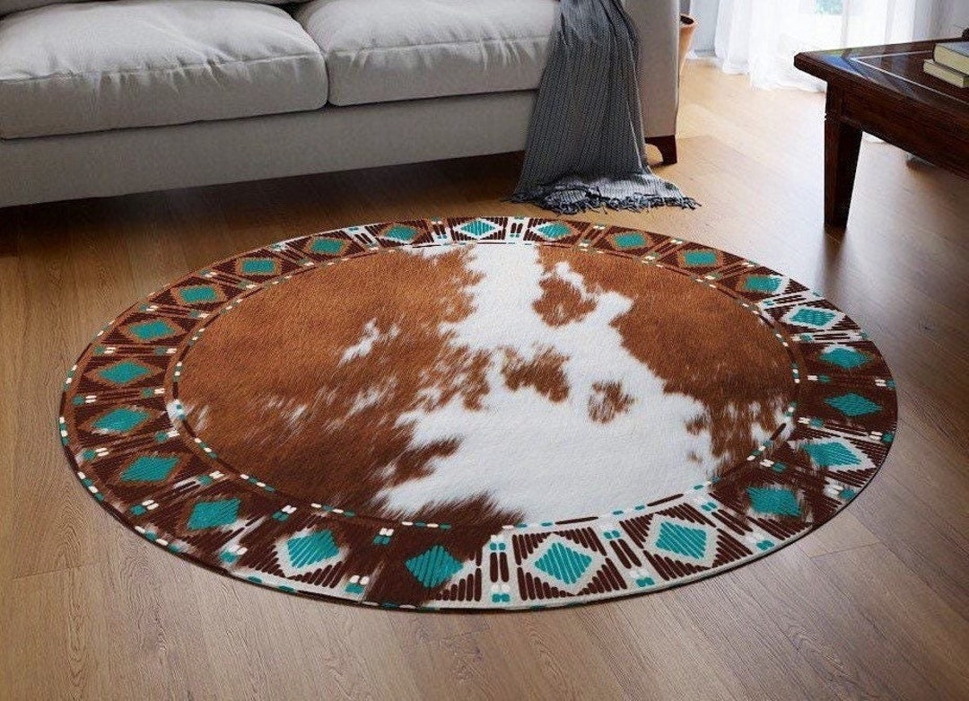 Wetsern Cowhide Print Round Ryg, Farmhouse Faux Cowhide Rug, Boho ...