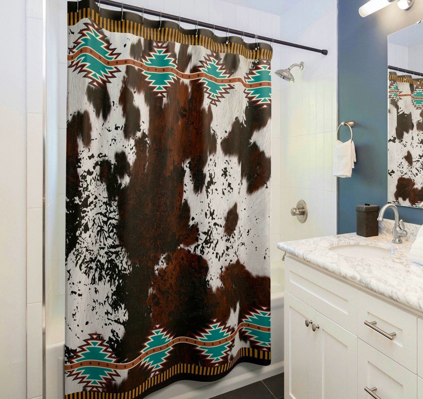 Western Cowhide Print Shower Curtain, Faux Cow Hide Bath Curtain ...
