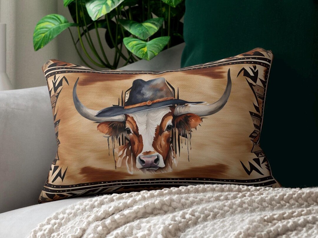 Western Cowboy Longhorn Lumbar Throw Pillow, Southwestern Cow Accent ...