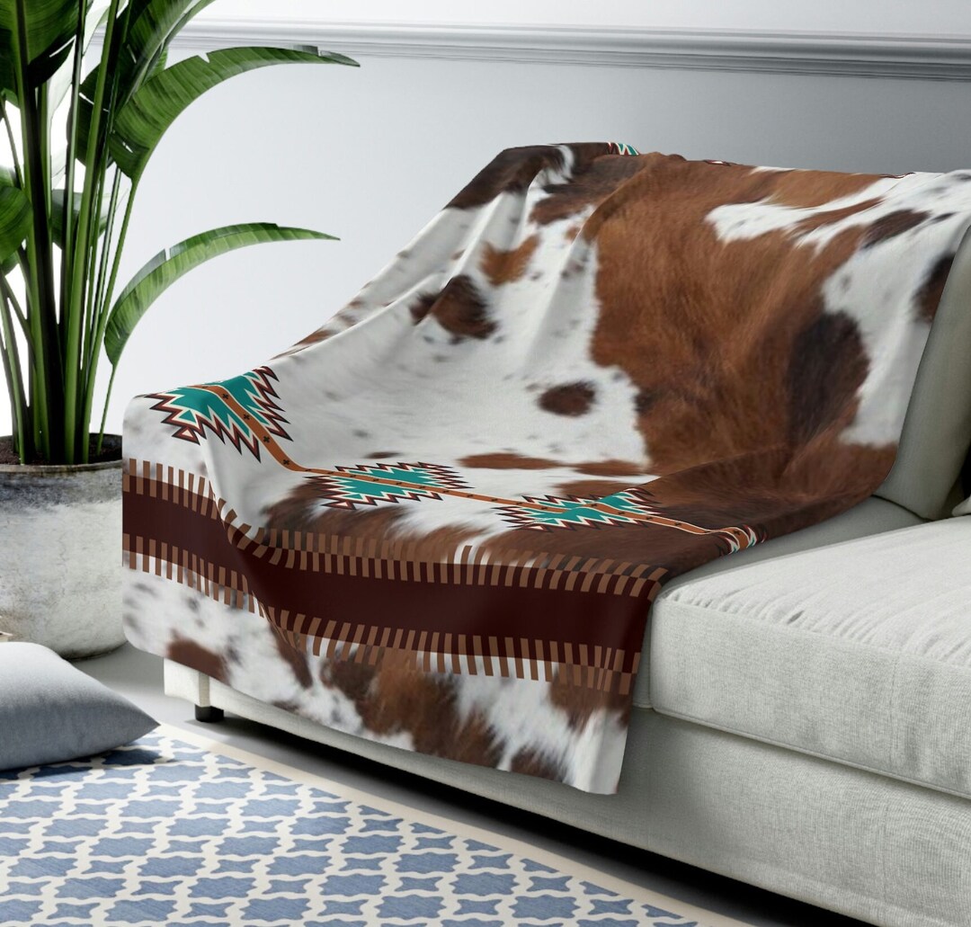 Cowhide Print Western Sherpa Fleece Blanket | Faux Cow Hide Throw ...