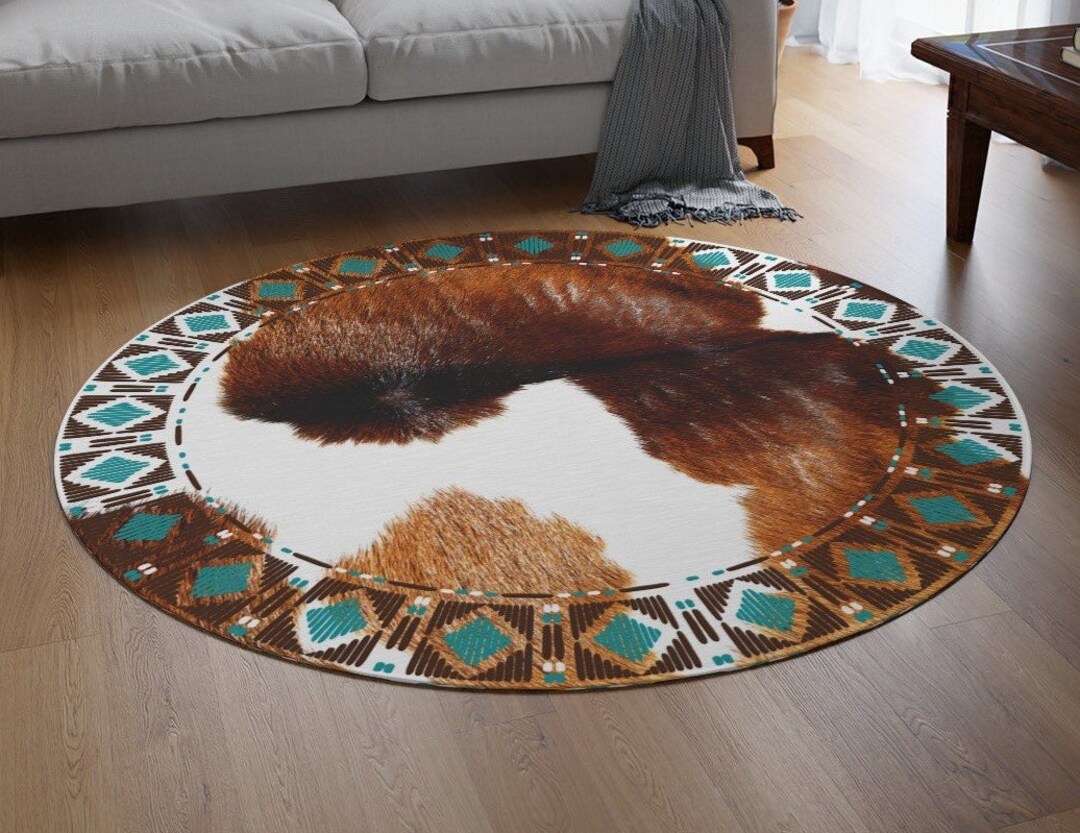 Cowhide Print Round Rug | Cow Print Accent Rug | Turquoise Tribal ...