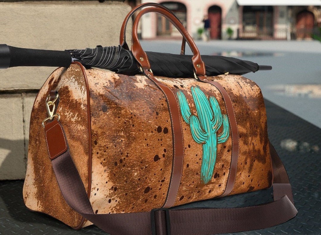 Western Travel Bag | Southwestern Cactus Duffel Bag | Leather Shoulder ...
