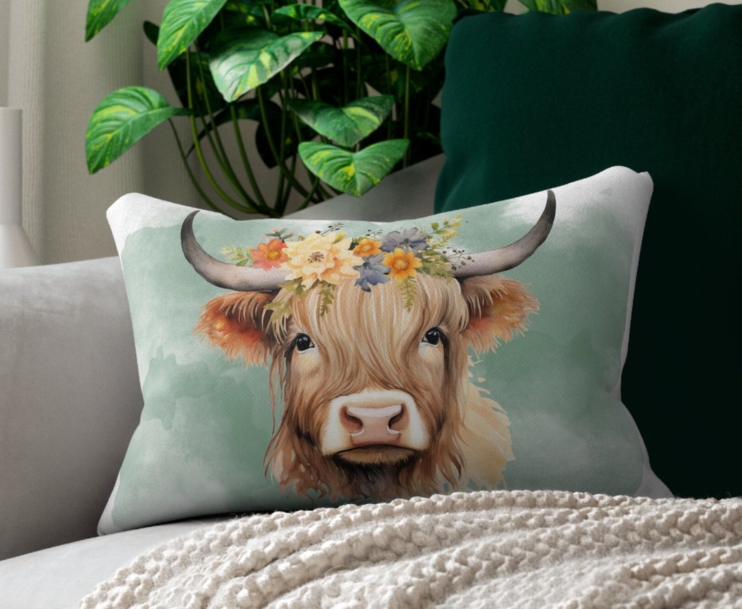 Farmhouse Cow Lumbar Pillow , Floral Bull Throw Pillow , Western Accent ...