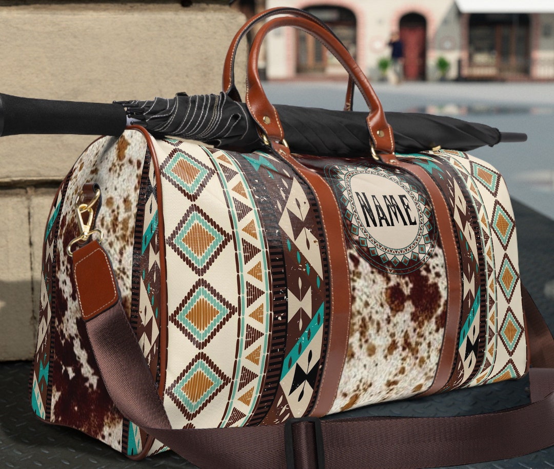 Personalized Western Cowhide Print Travel Bag | Custom Southwestern ...