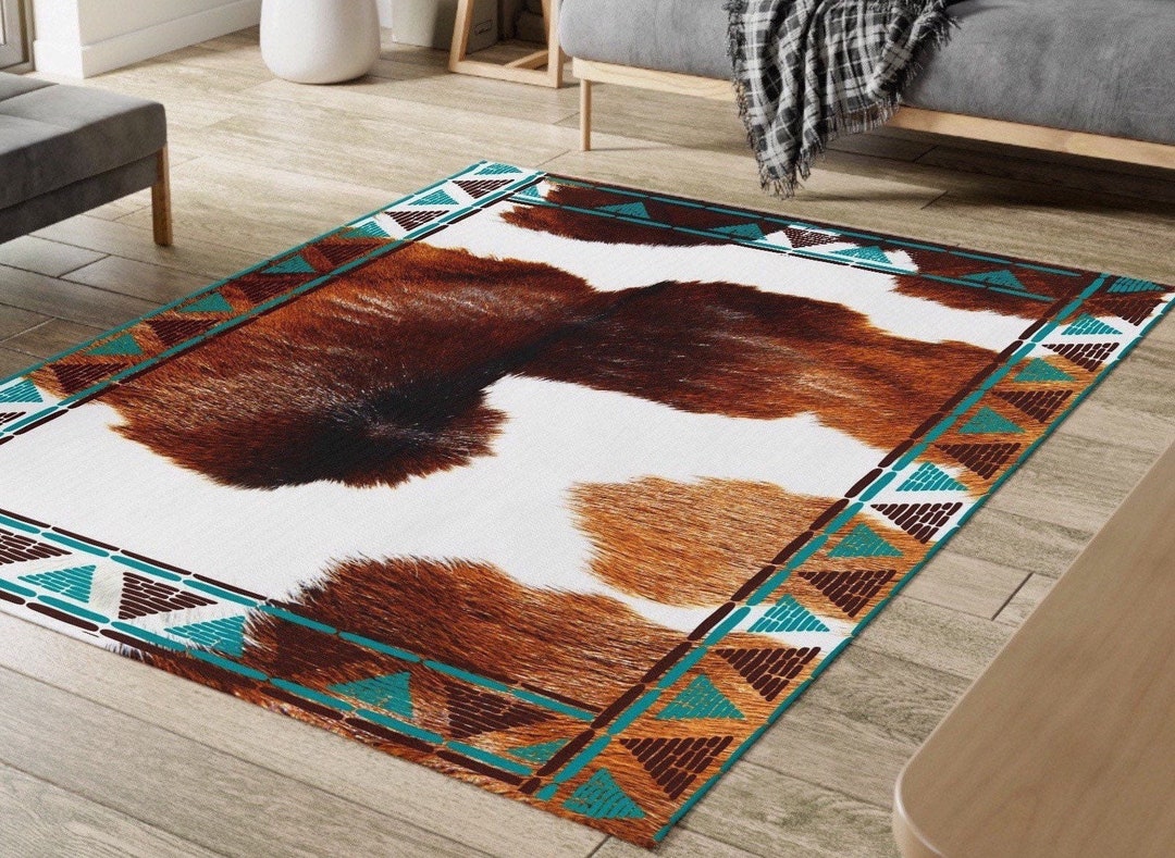 Western Cowhide Print Rug | Faux Cow Hide Area a Rug | Boho Tribal Cow ...