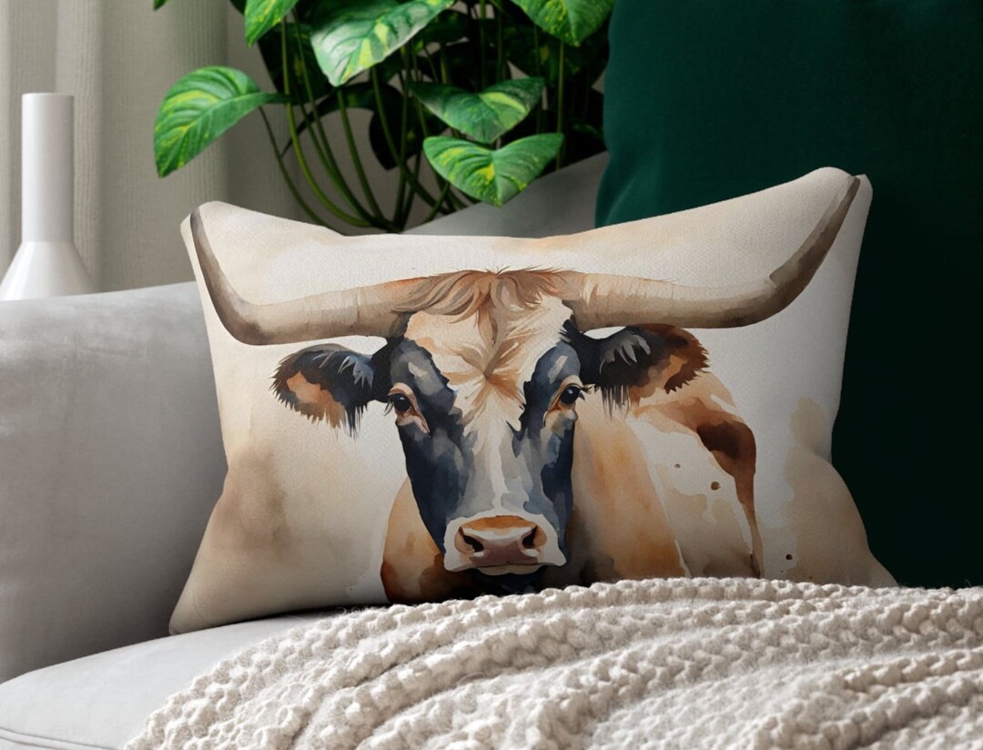 Western Longhorn Lumbar Throw Pillow, Southwestern Cow Accent Pillow ...