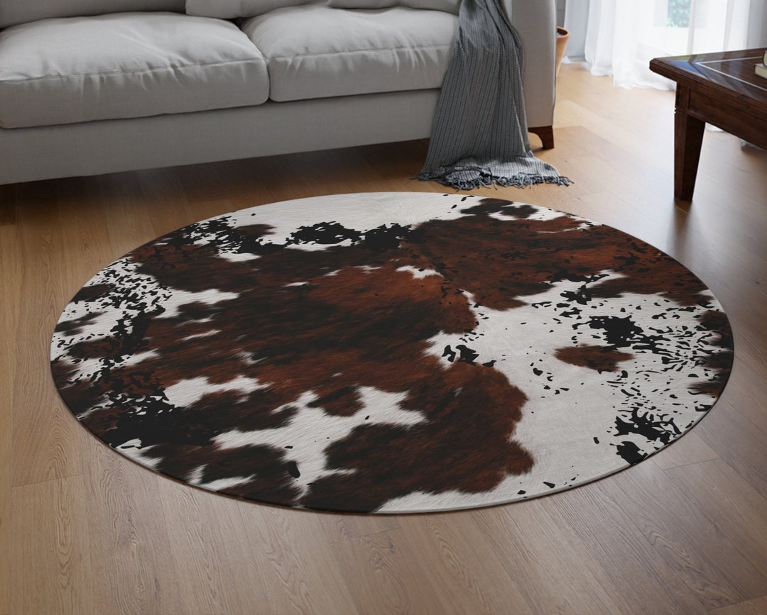Cowhide Print Round Rug , Faux Cowhide Rug , Western Area Rug ...