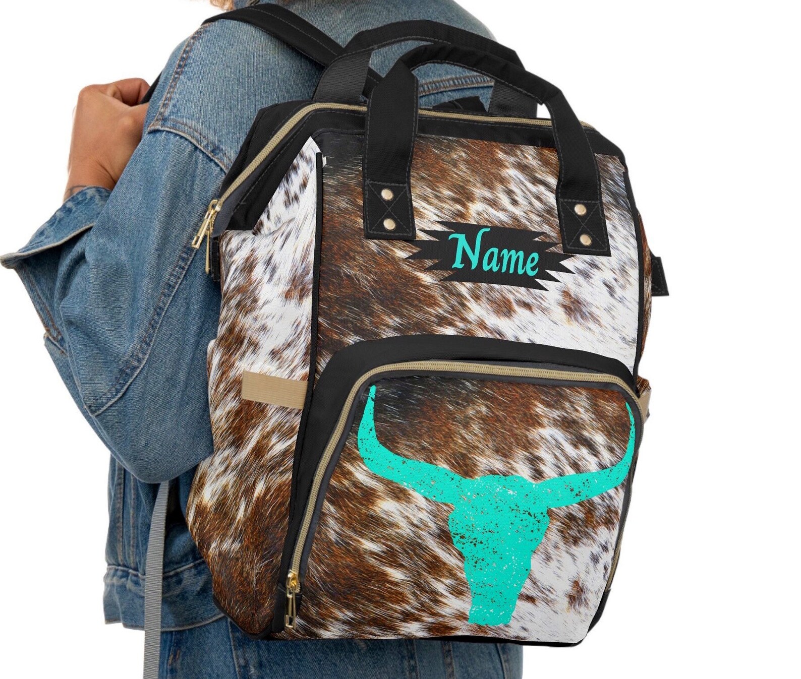 Personalized Cowhide Print Diaper Backpack | Custom Cow Print Baby Bag ...