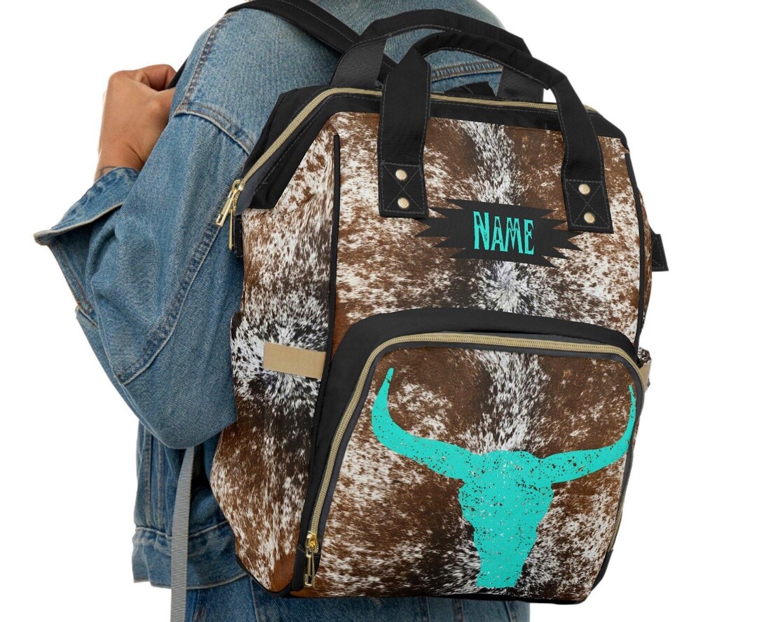 Personalized Cowhide Print Longhorn Diaper Backpack | Western Style ...