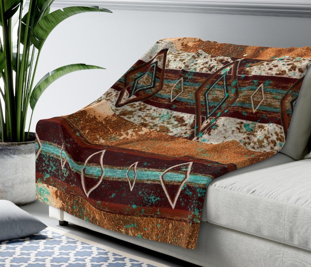 Western Cowhide Print Sherpa Fleece Blanket, Southwestern Throw Blanket ...