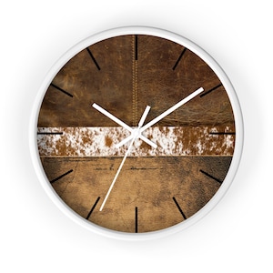 Cowboy Western Wall Clock, Cowhide Print Rustic Wood Clock, Distressed ...