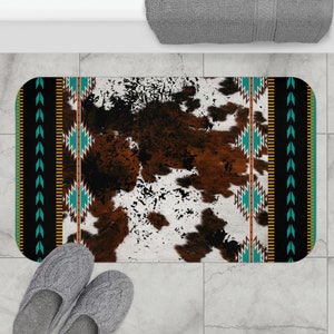 Western Cowhide Print Bath Mat | Faux Cow Hide Bathmat | Southwestern ...