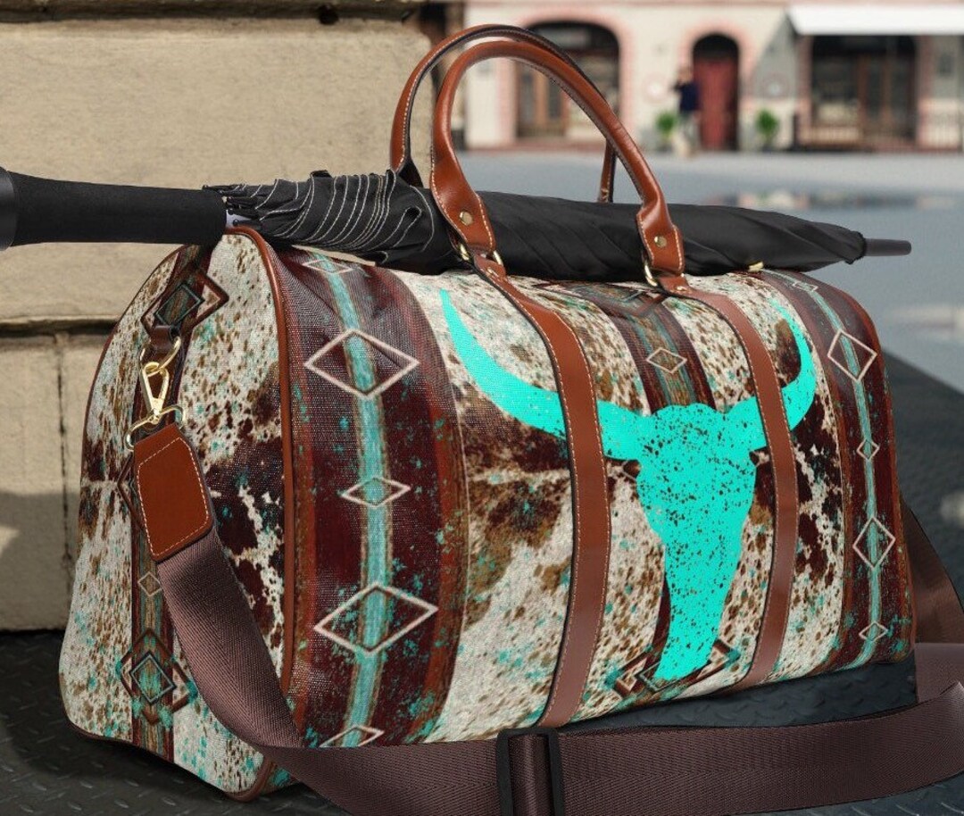 Western Cowhide Print Travel Bag | Longhorn Cow Duffel Bag | Leather ...