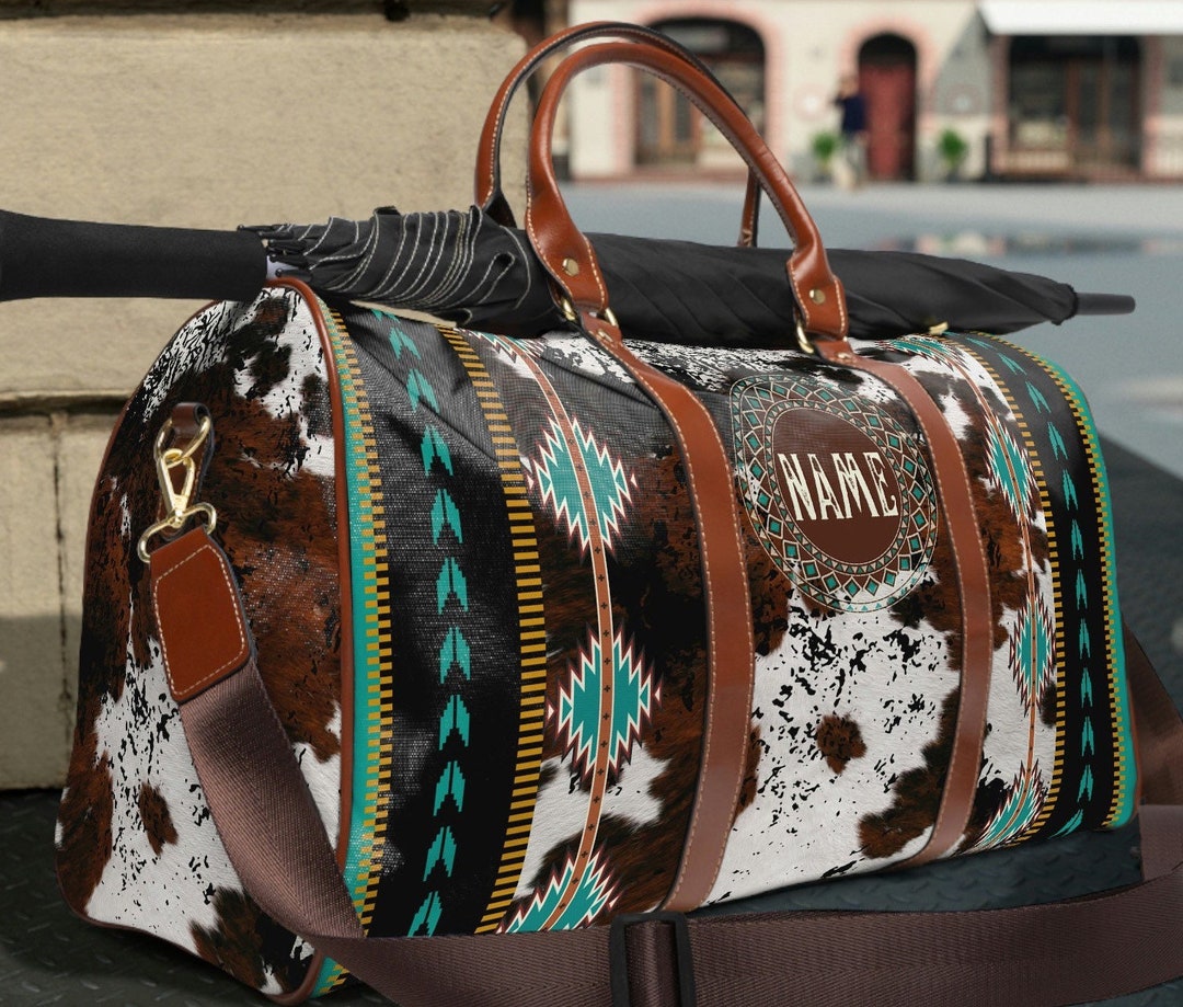 Personalized Western Cowhide Print Duffel Bag | Faux Cow Hide Travel ...
