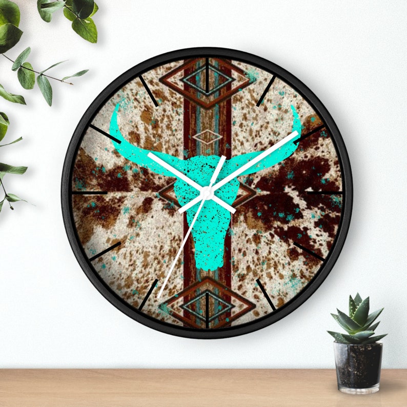 Western Longhorn Wall Clock Cow Print Clock Wooden Clock - Etsy