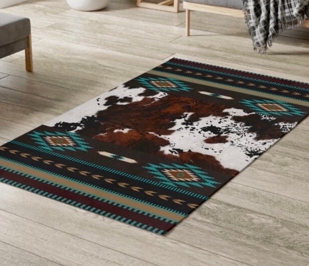 Western Cowhide Print Area Rug, Southwestern Accent Rug, Tribal Indian ...