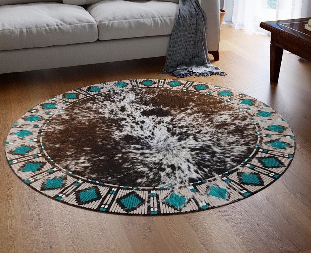 Cowhide Print Round Rug Western Boho Tribal Accent Rug Cow - Etsy