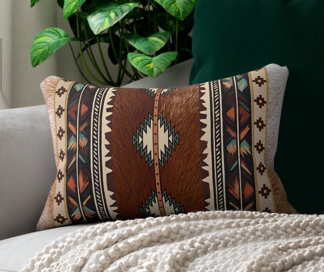 Western Cowhide Print Lumbar Throw Pillow, Boho Southwestern Accent ...