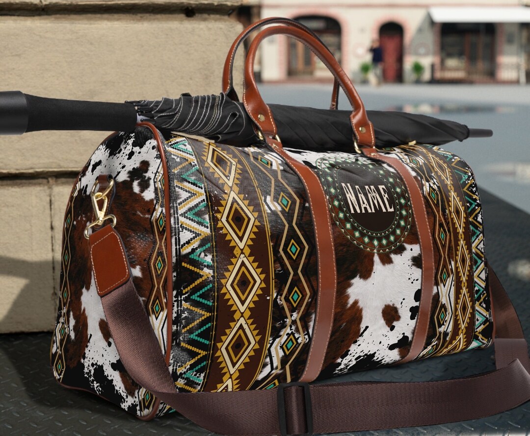 Personalized Cowhide Print Travel Bag | Monogrammed Western Duffel Bag ...