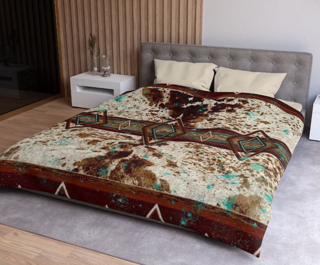 Western Cowhide Print Comforter, Southwestern Bedspread, Tribal Boho ...