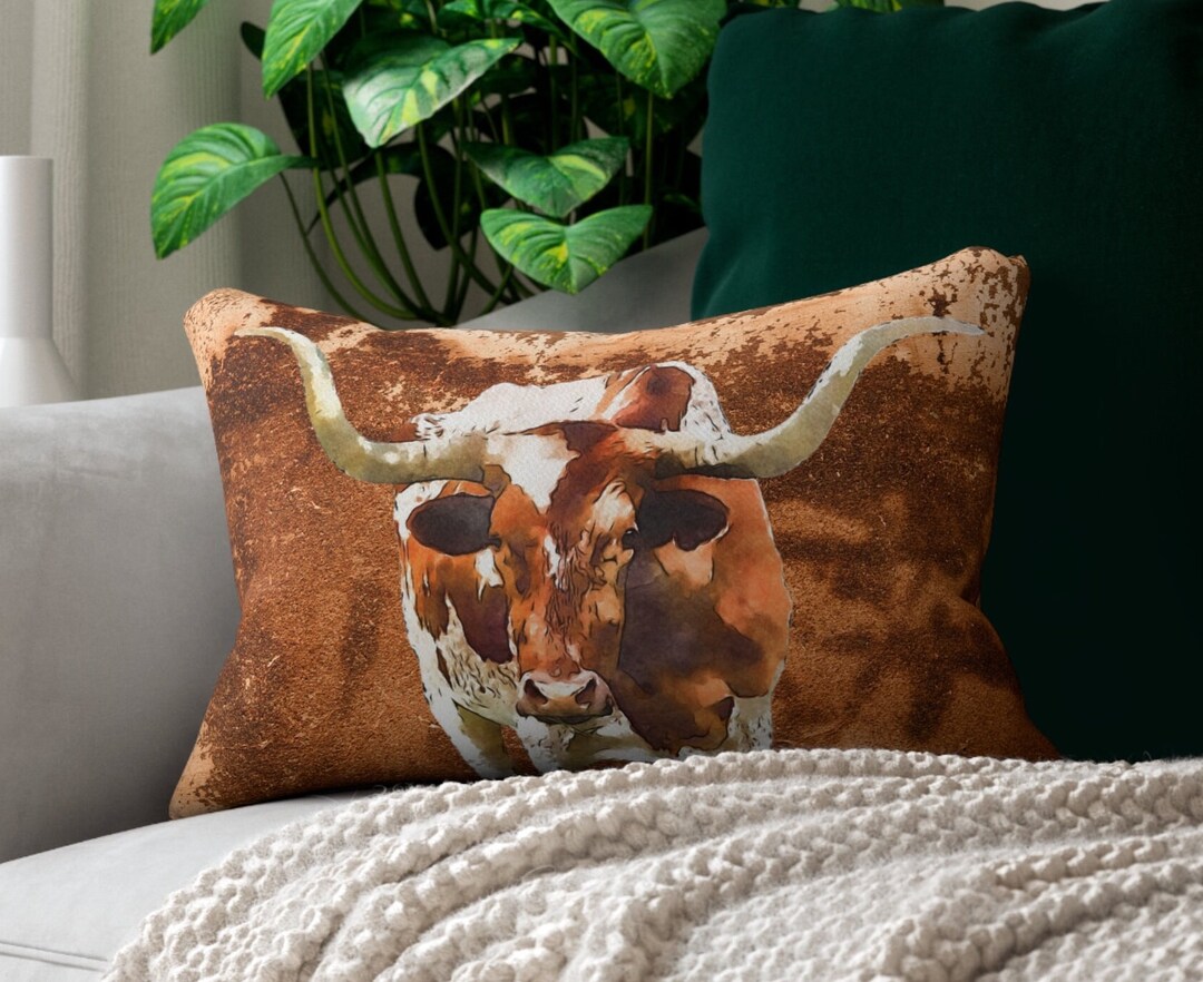 Longhorn Cow Print Lumbar Pillow, Western Throw Pillow, Texas Longhorn ...