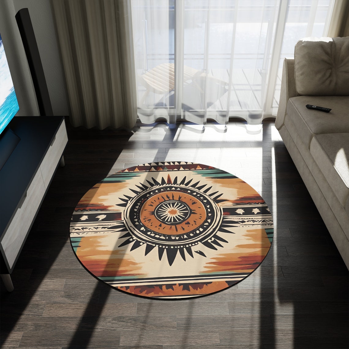 Boho Southwestern Round Rug, Western Accent Circle Rug, Tribal Indian ...