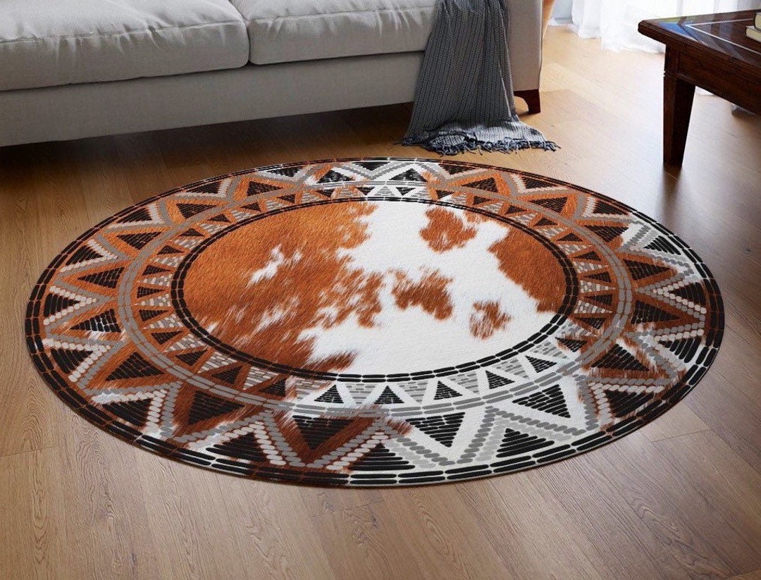 Cowhide Round Rug | Faux Cow Print Area Rug | Boho Western Accent Rug ...